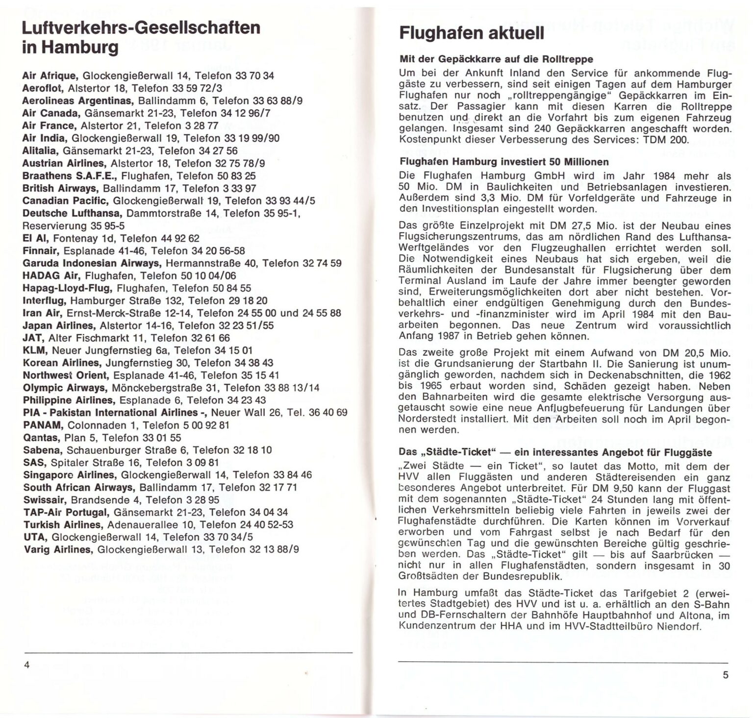 Flugplan Hamburg Airport 01/1984 - eddh-airport